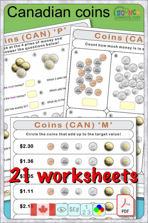 Counting Canadian coins | 21 worksheets & 58 fun BOOM cards