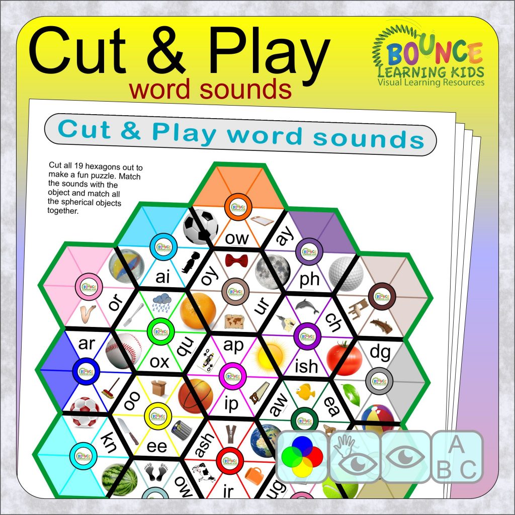 Fun Cut and play sounds worksheets with 26 word sounds