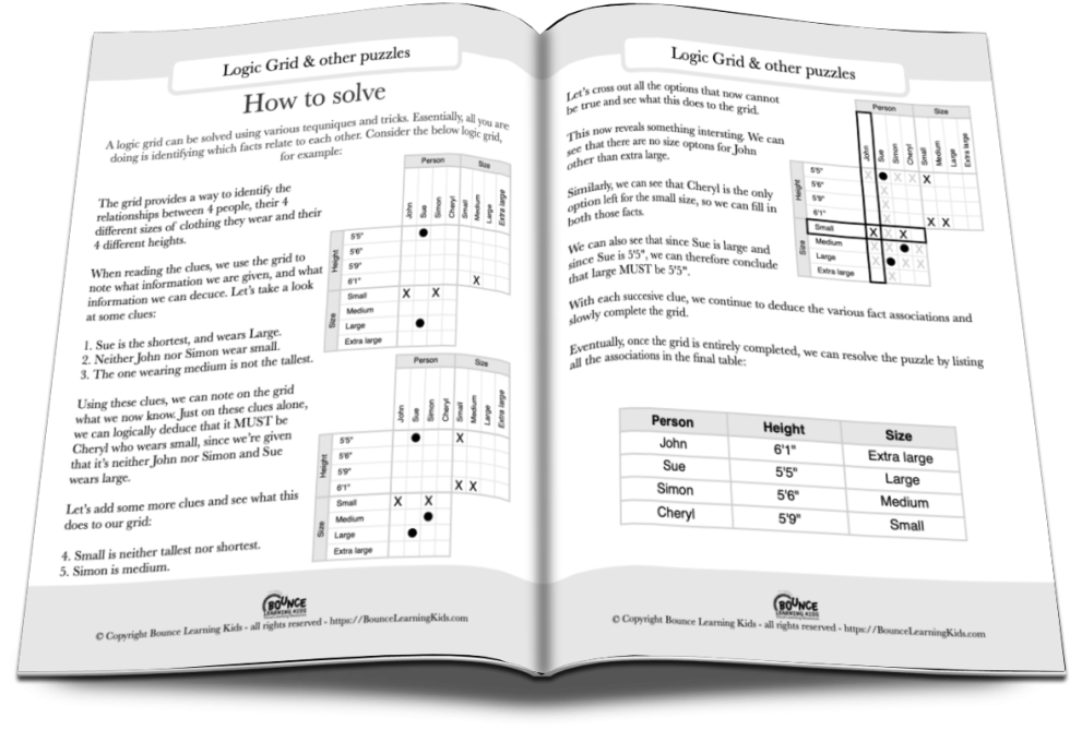 Dozens of fun and challenging Logic Grid puzzles