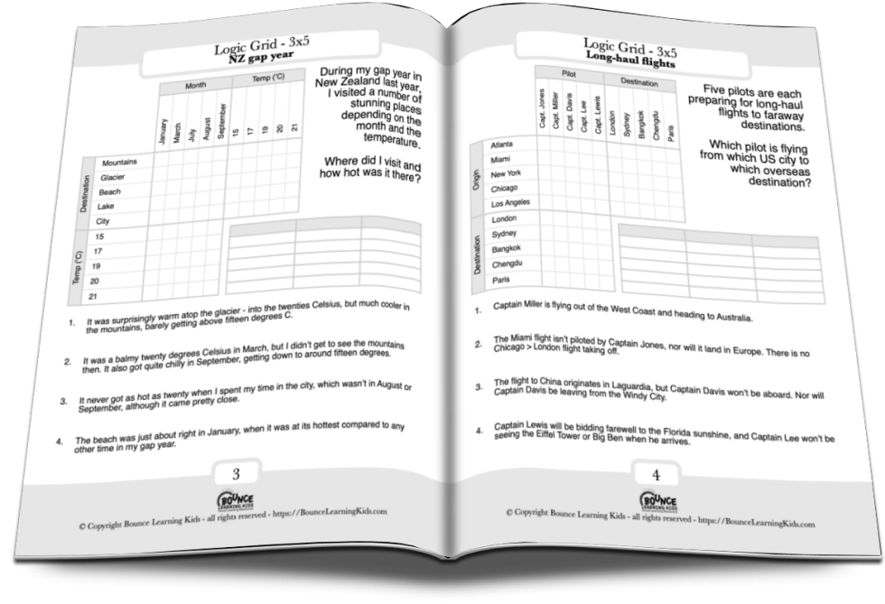 Dozens of fun and challenging Logic Grid puzzles