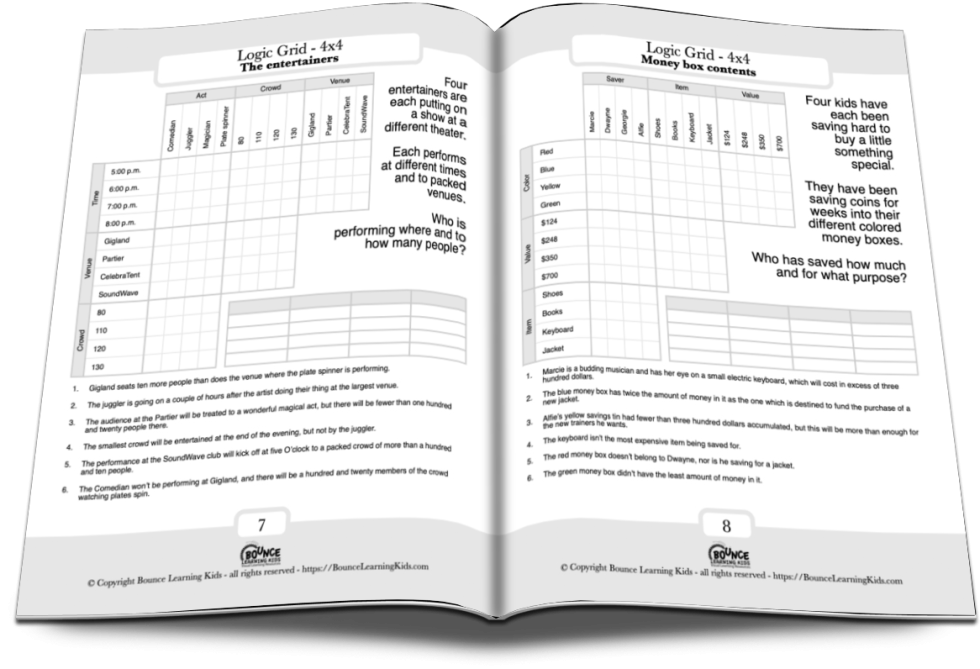 Dozens of fun and challenging Logic Grid puzzles