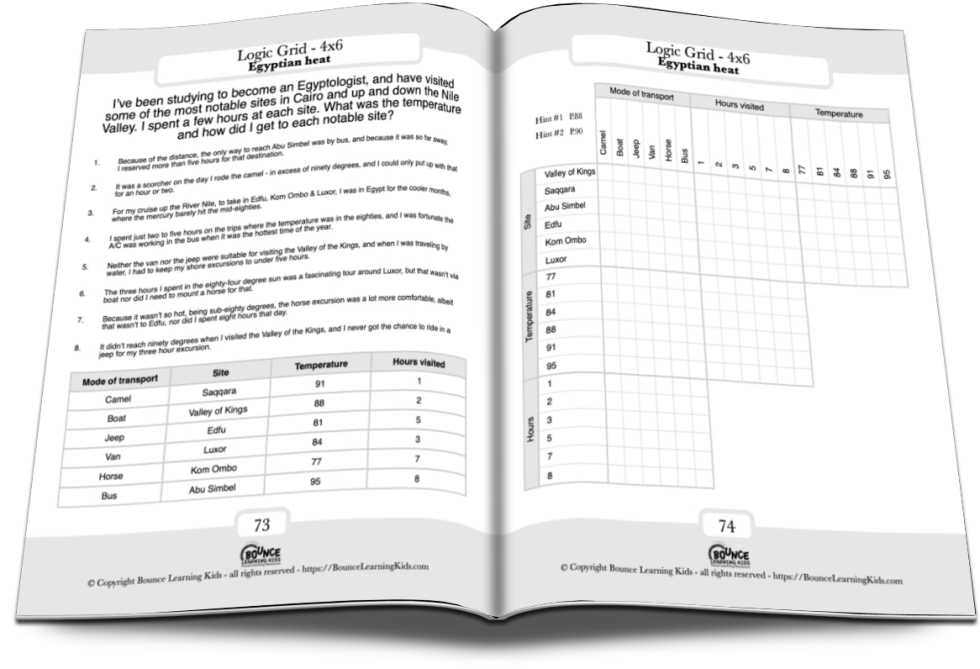 Dozens of fun and challenging Logic Grid puzzles