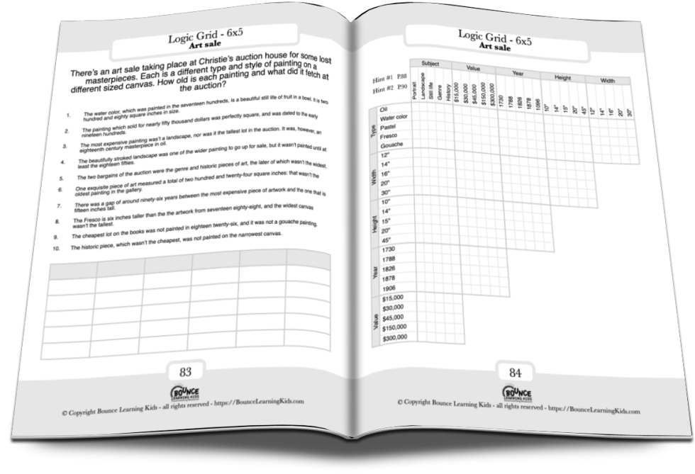 Dozens of fun and challenging Logic Grid puzzles