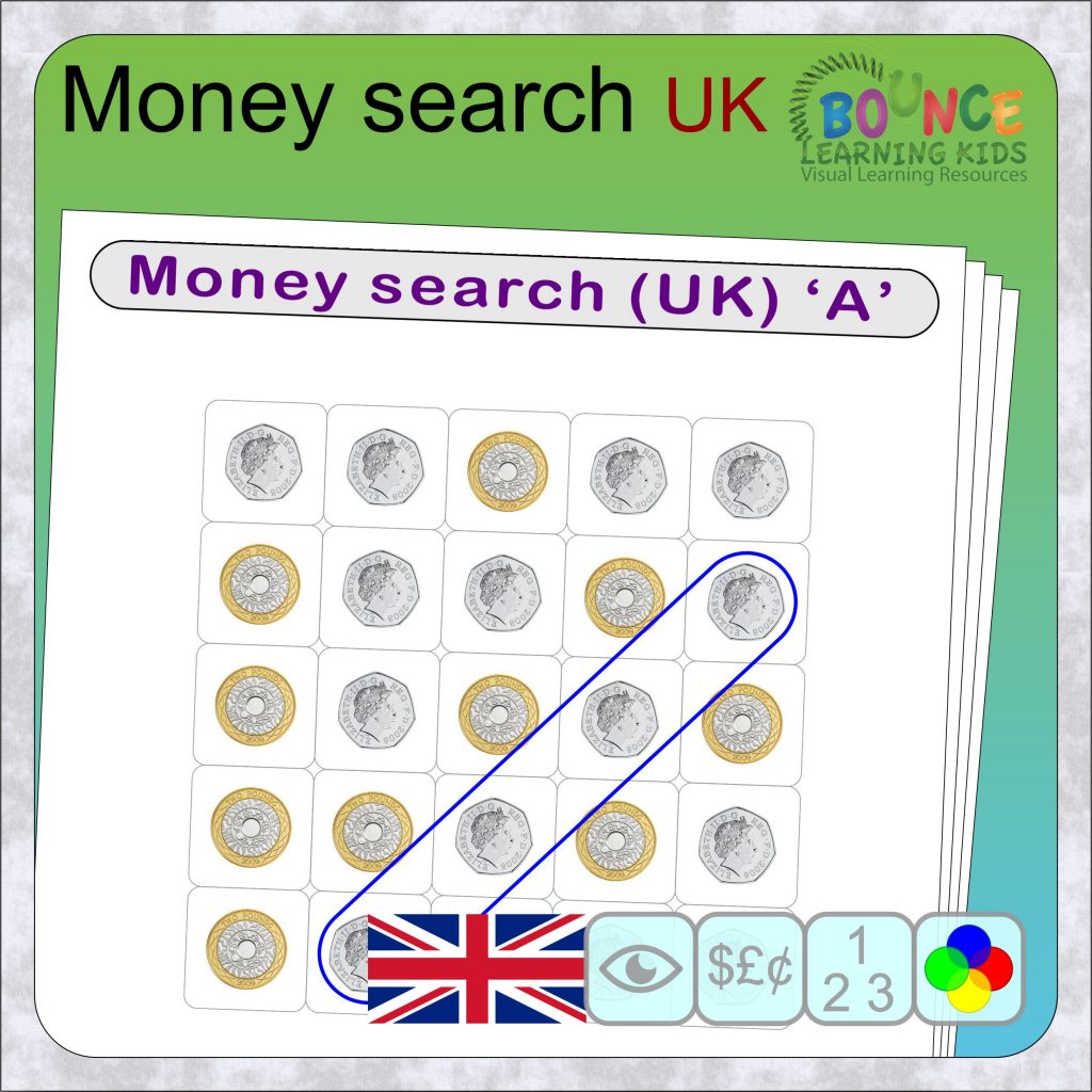 15 unique Money search UK worksheets for download